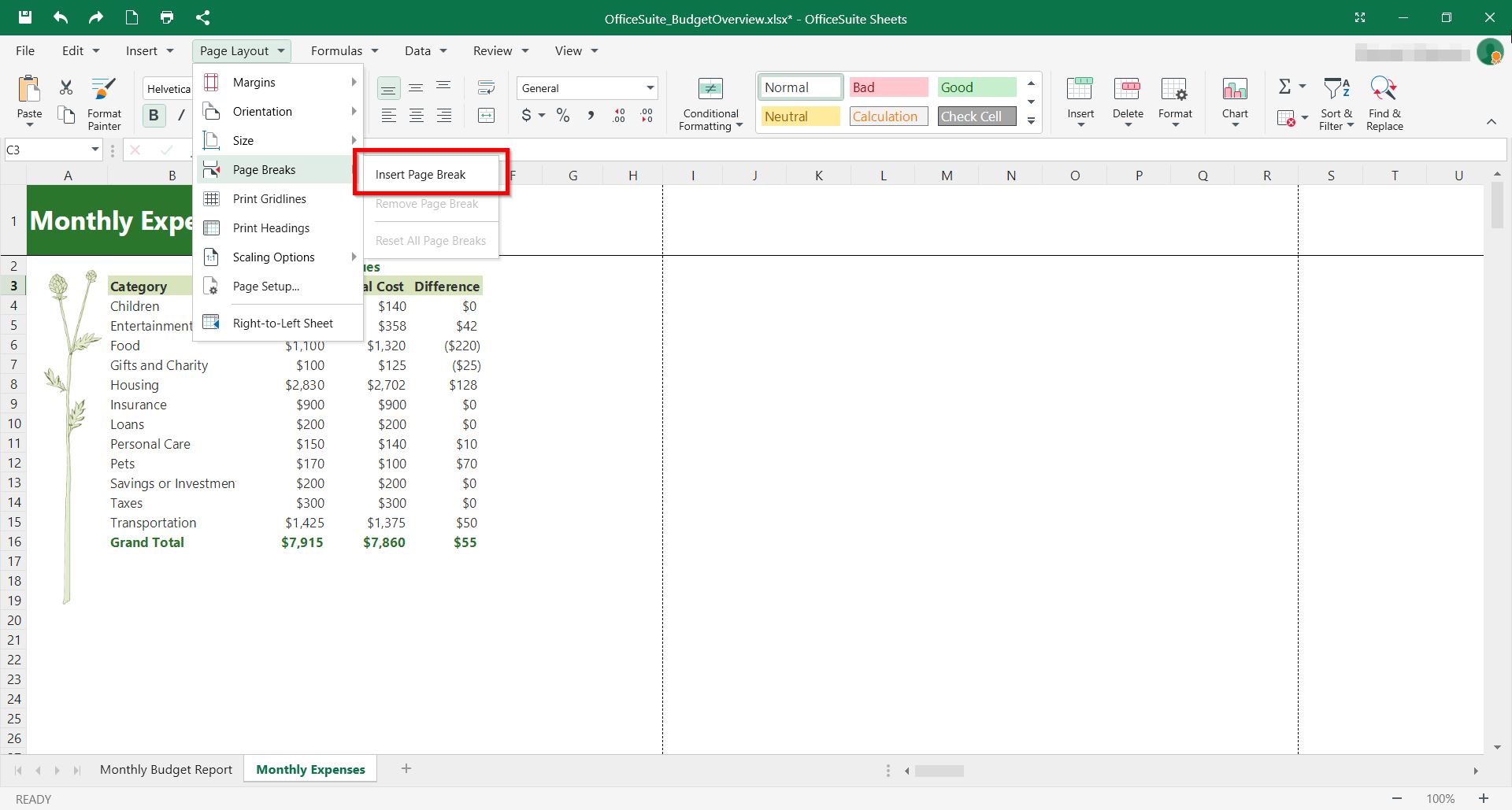 Insert A Custom Page Break In Sheets OfficeSuite